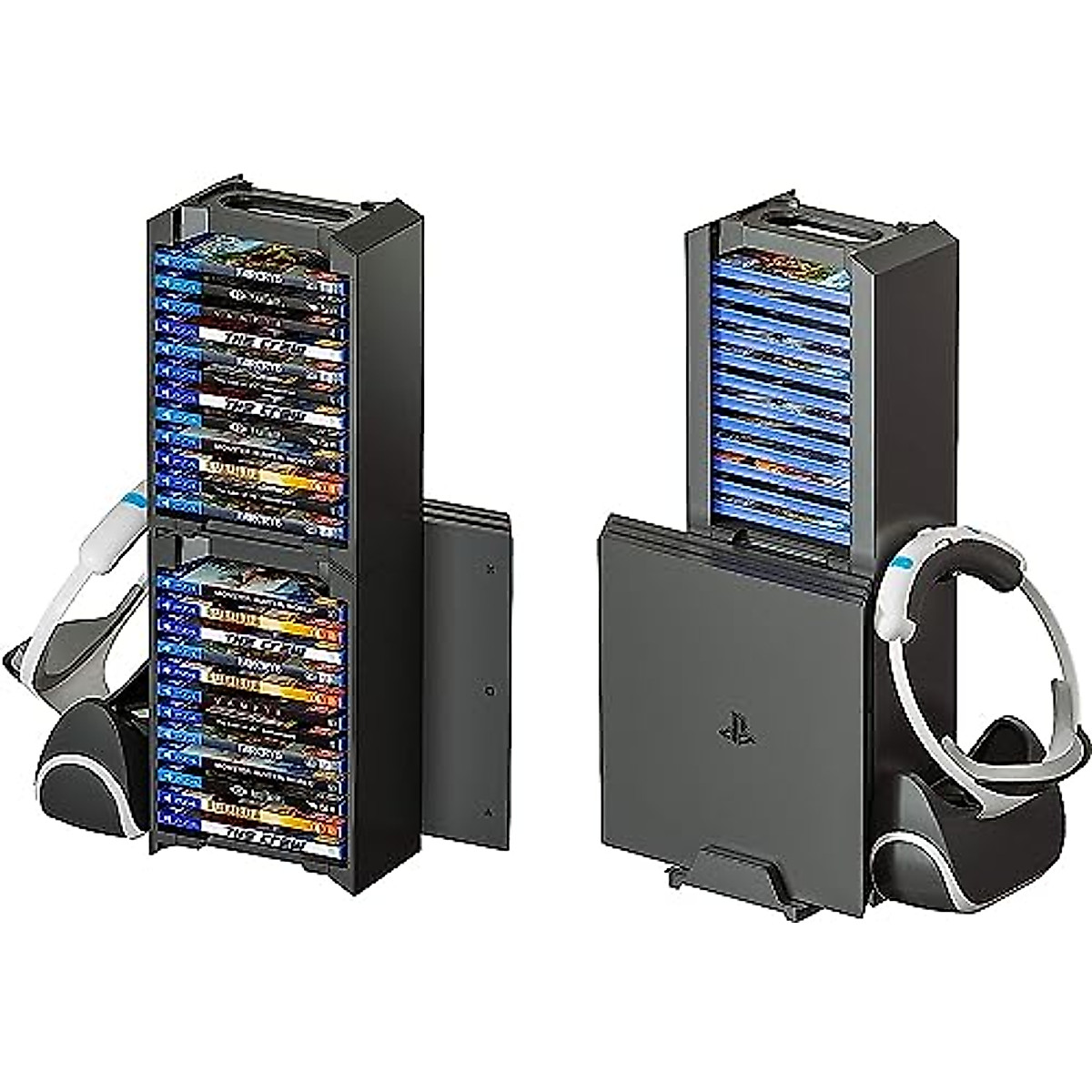 Skywin-Video Game Storage Stand Tower, Video Game Storage Organizer for PS5/ PS4/ PS3/ Xbox Series S & X/Xbox one Game, VR/Headset Hanger, 24 CD Storage Disk Tower for PS (Black)
