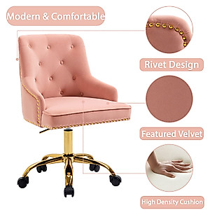 LOVSPATIO Velvet Home Office Chair,Swivel Adjustable Accent Vanity Chair with Golden Legs and Arms Nailhead Trim for Bedroom Living Room Office (Pink)