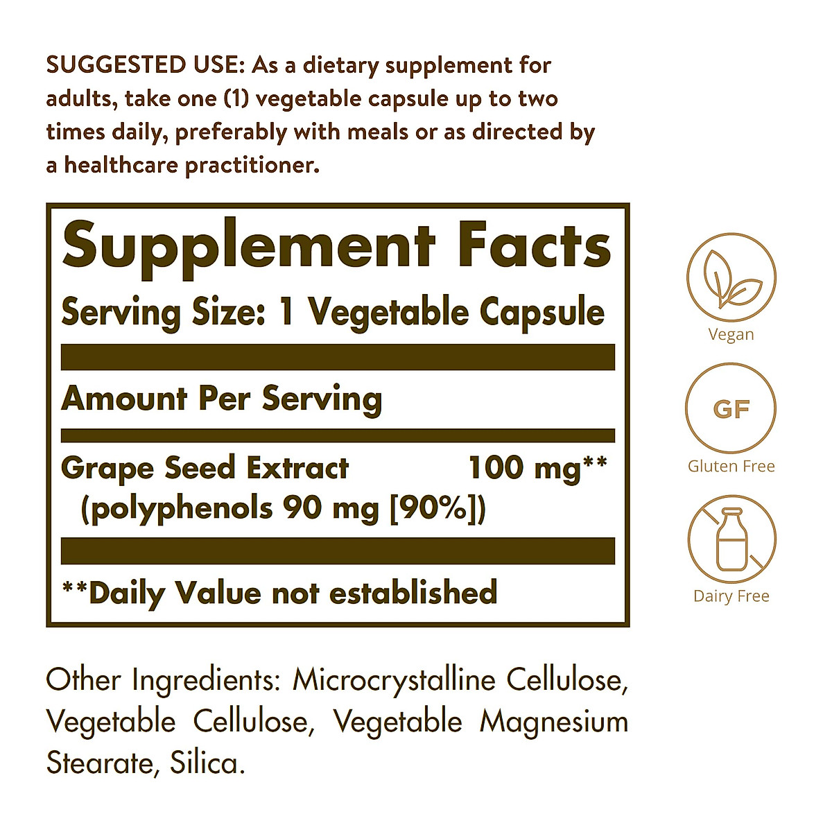 Solgar Grape Seed Extract 100 mg, 60 Vegetable Capsules - Phytonutrient Antioxidant Support - Cardio Support - Vegan, Gluten Free, Dairy Free - 60 Servings