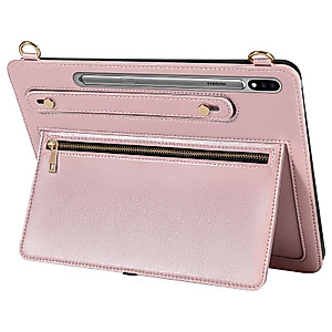 Back Cover Case for Samsung Galaxy Tab S9 FE/S9/S8/S7 [Pen Holder], Techcircle Slim Fit Vegan Leather Protective Soft TPU Shell Wallet Case with Hand Strap & Removable Shoulder Strap, Light Pink