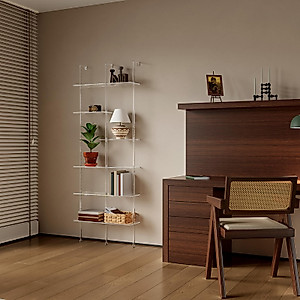 CRTERICX Narrow Acrylic Bookshelf, Wall Mounted, 6-Tier Clear Ladder Bookshelf with Open Shelves, Multipurpose Bookcase for Living Room, Bathroom, Office, Modern, 9.5" D x 29.5" W x 81.7" H