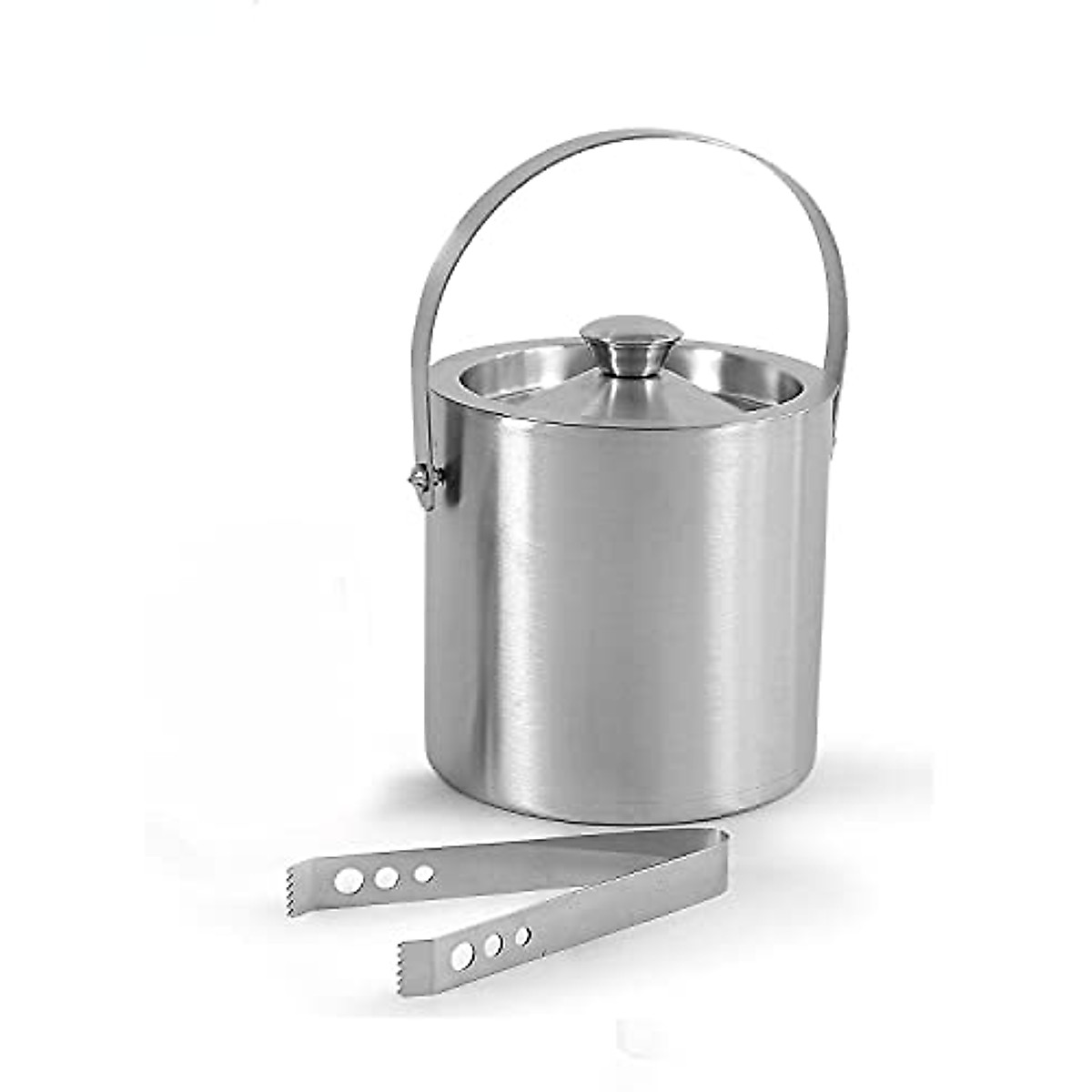 Ice Bucket With Lid, Insulated Black Ice Bucket for Cocktail Bar with Ice Tong, Double Walled Stainless Steel, 1.75 L, 1.84 Quarts, Ice Cold For 6 h with Handle (Silver)