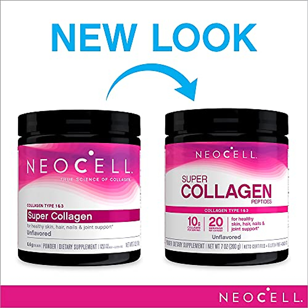 NeoCell Super Collagen Powder, 10g Collagen Peptides per Serving, Gluten Free, Keto Friendly, Non-GMO, Grass Fed, Paleo Friendly, Healthy Hair, Skin, Nails & Joints, Unflavored, 7 Oz