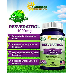 100% Natural Resveratrol - 1000mg Per Serving Max Strength (180 Capsules) Antioxidant Supplement, Trans-Resveratrol Pills for Heart Health & Pure, Polyphenols