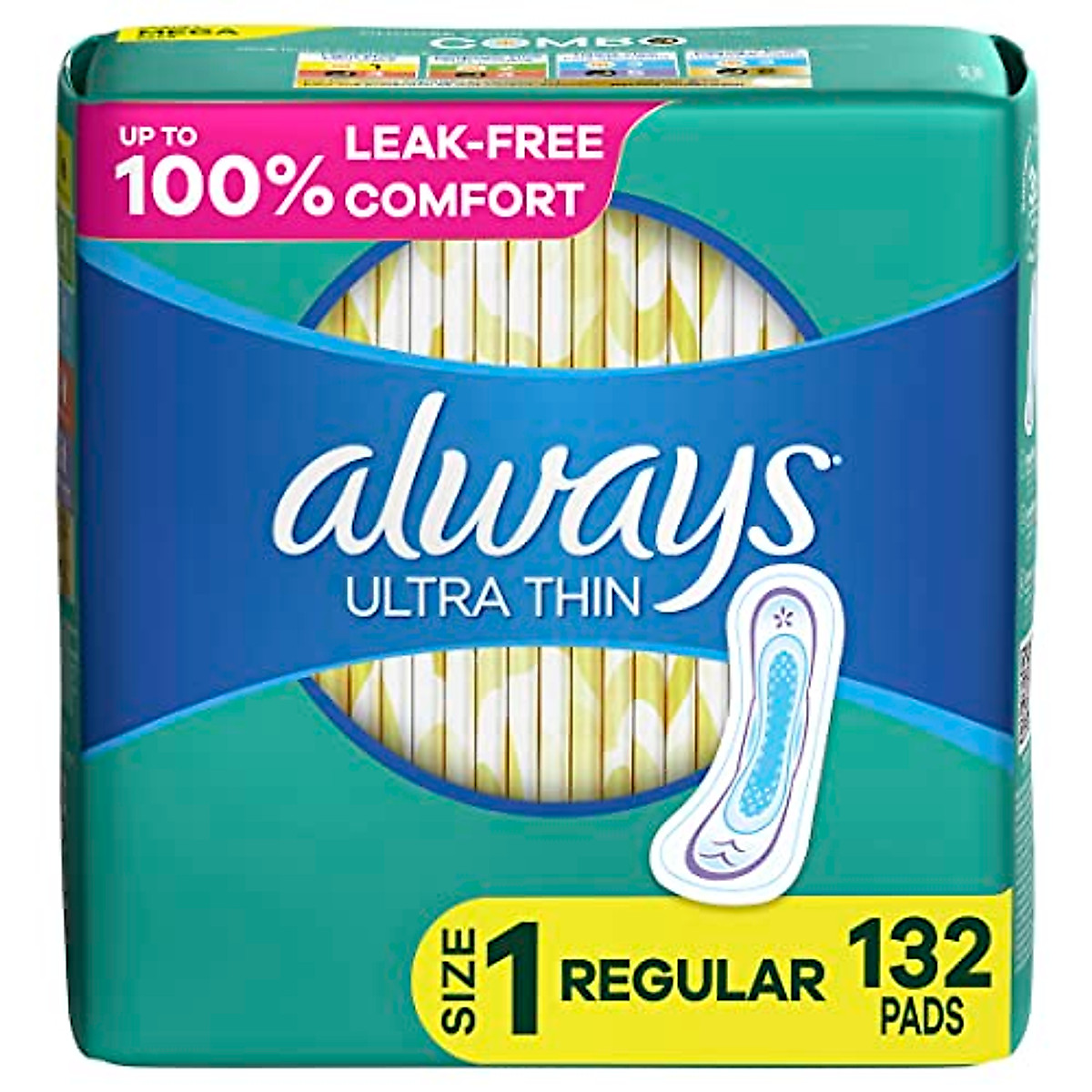 Always Ultra Thin Pads for Women, Size 1 Regular Absorbency Without Wings Unscented, 44 Count x 3 Packs (132 Count total)