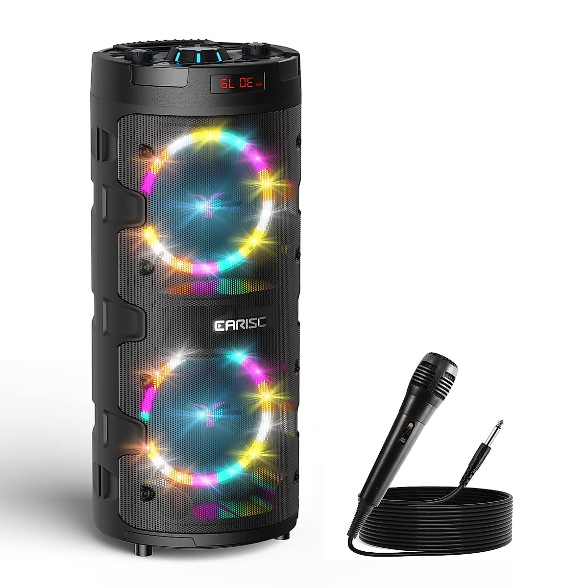 EARISE M62 Portable Bluetooth PA Speaker, Dual 6.5" Rechargeable Indoor/Outdoor Bluetooth Karaoke Audio System, TWS, Party Lights, LED Display, FM/AUX/MP3/USB/SD/TF