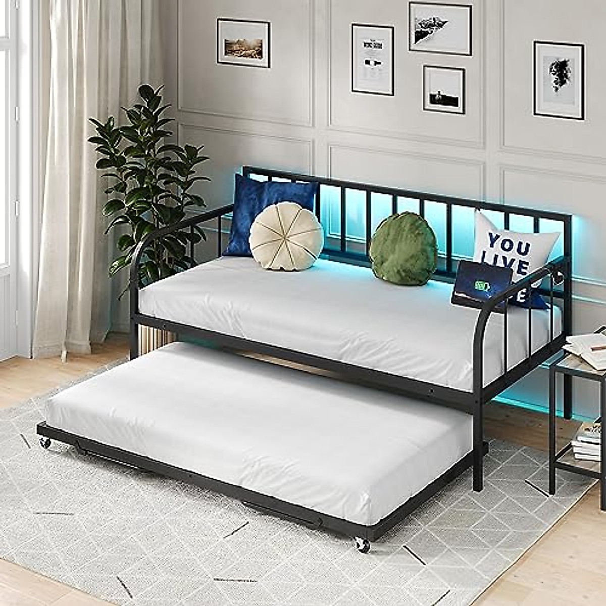 CollaredEagle Daybed with Trundle, Adjustable Sofa Bed Frame with Charging Station, Metal Twin Daybed with LED Lights for Living Room, Bedroom and Guest Room, Black