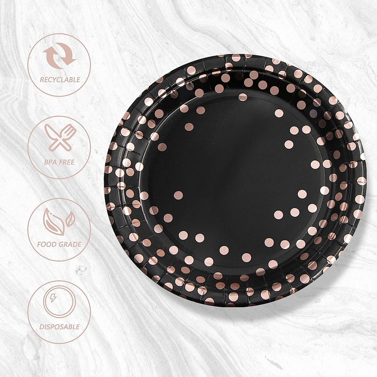 Disposable Paper Plates Round Black and Rose Gold Dots 50 x 7" Plates，Black and Rose Gold Plates Foil Polka Dots Paper Plates Party Supplies for All Occasions 50 PCS