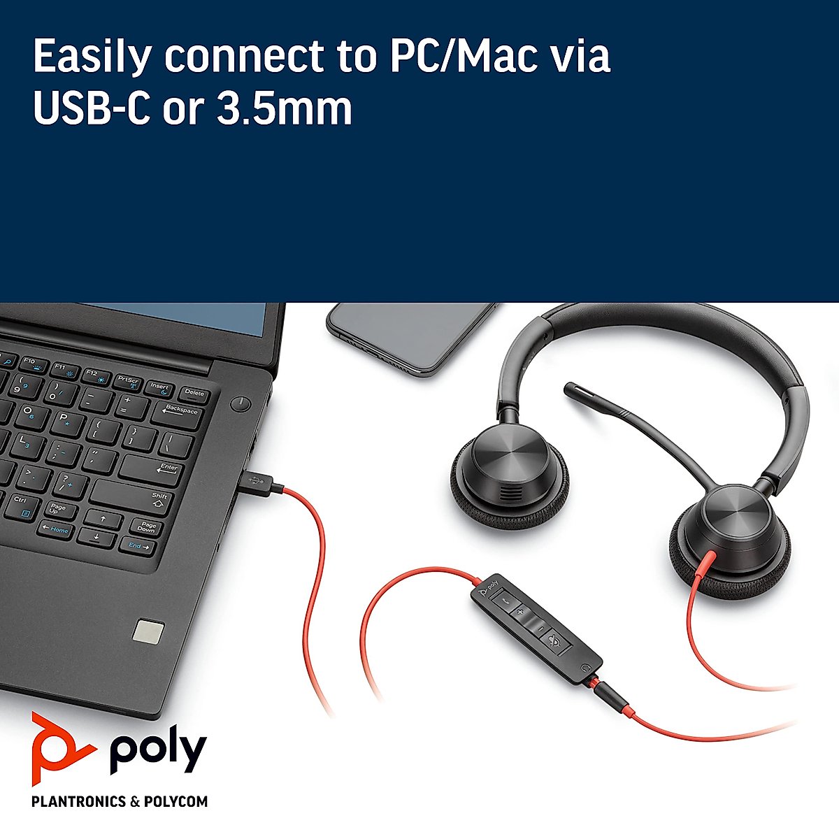 Plantronics - Blackwire 3325 Wired Stereo USB-C Headset with Boom Mic (Poly) - Connect to PC/Mac via USB-C or Mobile/Tablet via 3.5 mm Connector - Works with Teams, Zoom & More