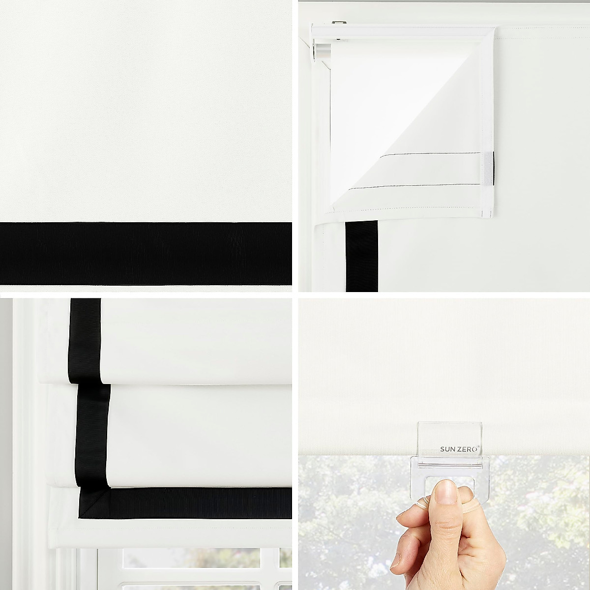 Sun Zero Denna Black Ribbon Border Stripe 100% Blackout Cordless Roman Shade, 33" x 64", Black/White