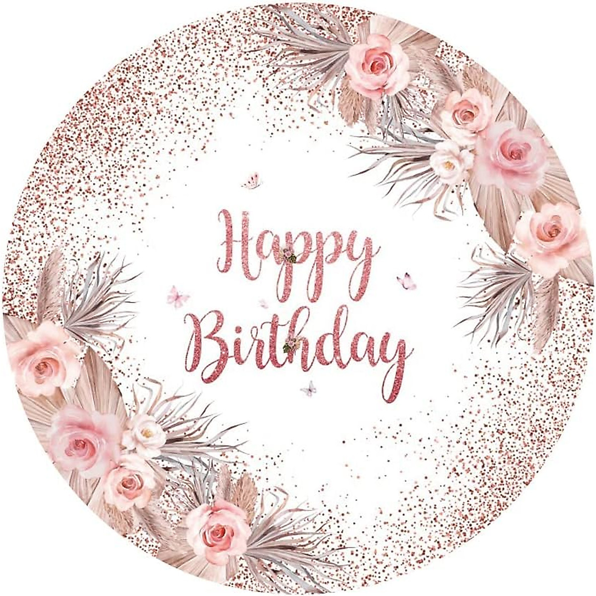 YongFoto 7x7ft Floral Happy Birthday Round Backdrop Cover Glitter Spring Pink Flowers Girl Birthday Party Circle Photography Background Cake Table Decor Kids Adults Photo Studio Props