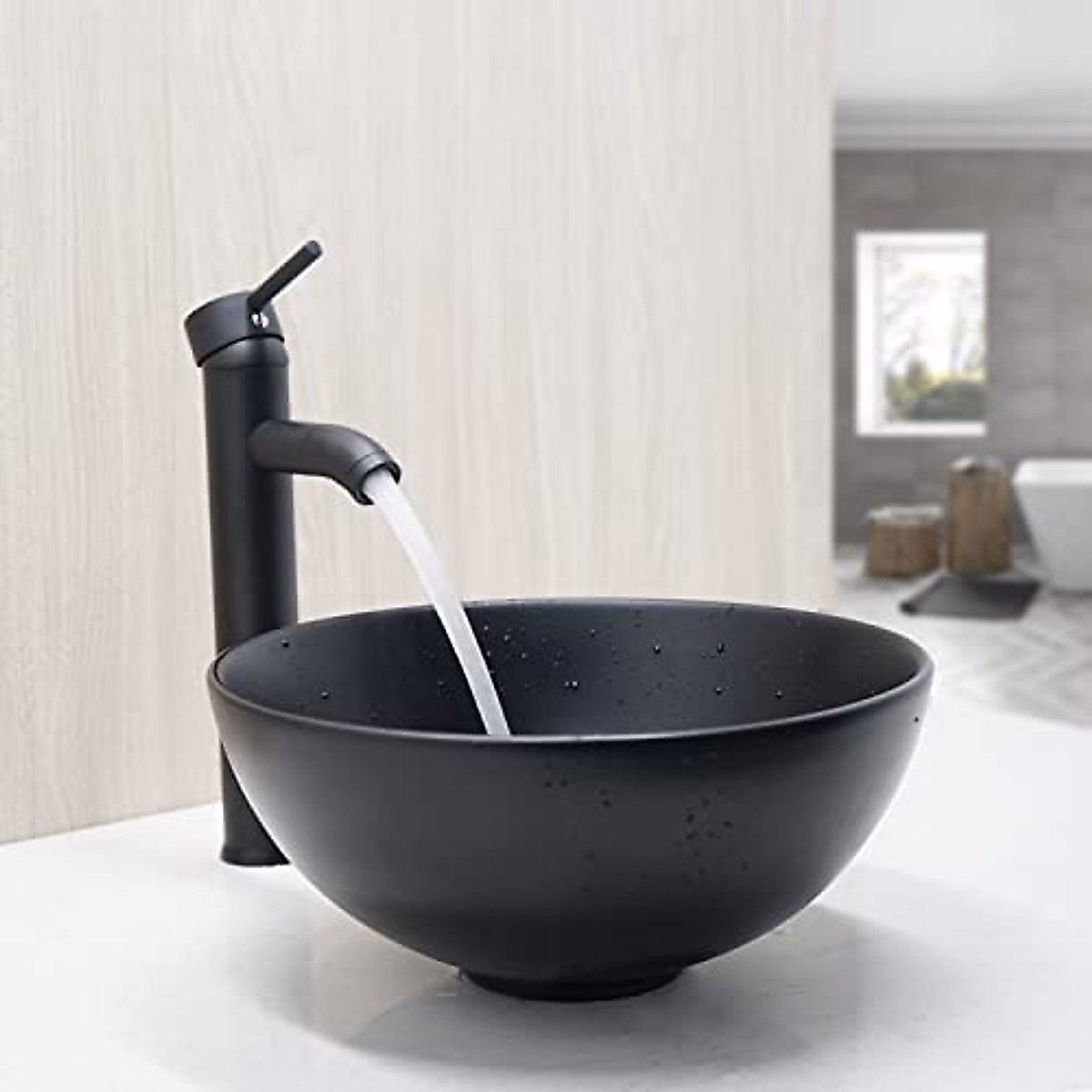 MEKKHALA 13 Inch Bathroom Ceramic Vessel Sink Round Matte Black Above Counter Wash Basin Bowl Combo With Black Mixer Faucet And Waste Drain Set