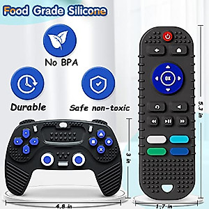 Mgtfbg 2-Pack Silicone TV Remote Control & Gaming Handle Teething Toys for Babies 6-18 Months, Boys Girls Baby Molar Teether Chew Toys Set Gift（Black)