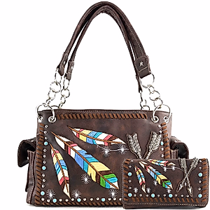 Zelris Colorful Native Tribal Feathers Conceal Carry Women Handbag Purse with Wallet (Brown)