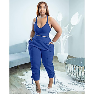 Doweha Two Piece Outfits for Women Sexy Summer Joggers Crop Tank top Sweatsuits Biker Short Set Matching Sets Tracksuit Jumpsuit Blue XL