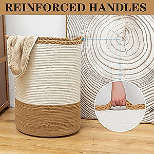 Homlikelan 72L Woven Laundry Basket,Tall Wicker Laundry Basket for Blankets,Clothes,Pillows,Toys,Shoes Large Cotton Laundry Hamper for Bedroom Living Room Bathroom Nursery White Brown