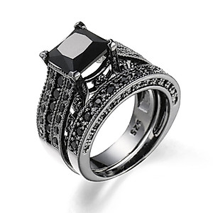 Silver Adjustable Rings for Women Engagement Black 2-in-1 Silver Womens Wedding Vintage Band Diamond Set Ring Rings Silver Love Ring (Black, One Size)