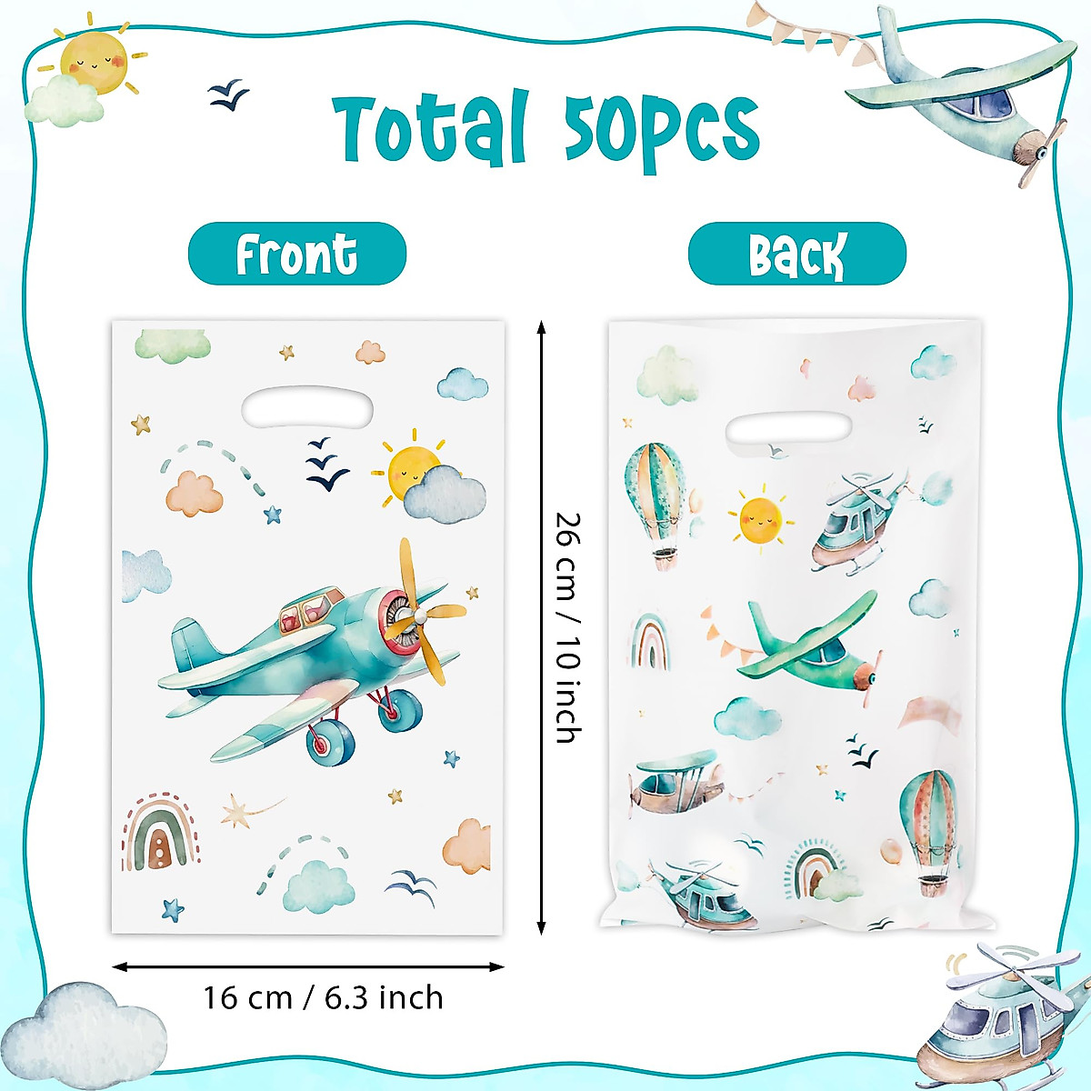 ArowlWesh Airplane Party Favor Bags - 50Pcs Plastic Boho Airplane Candy Treat Gift Bag with Handles Cute Snack Goodie Bags for Kids Boho Airplane Birthday Party Supplies Decor for Baby Shower Birthday