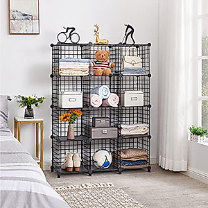 ANWBROAD Wire Cube Storage Organizer, 12 Cube Metal Grid, Wire Shelves Organizer, C grids panels, Stackable Modular Bookshelf, Ideal for Bedroom Living Room Office 11.8” x 11.8” Black ULWT012B