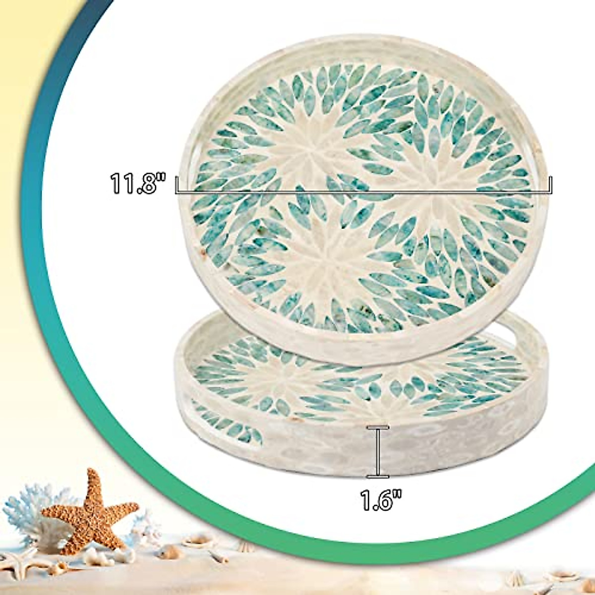 Round Serving Tray Shell Coffee Table Tray with Handles Elegant Decorative Tray for Food,Breakfast,Dinner,Ottoman,Parties,Restaurants and Bathroom, Blue, 11.8'