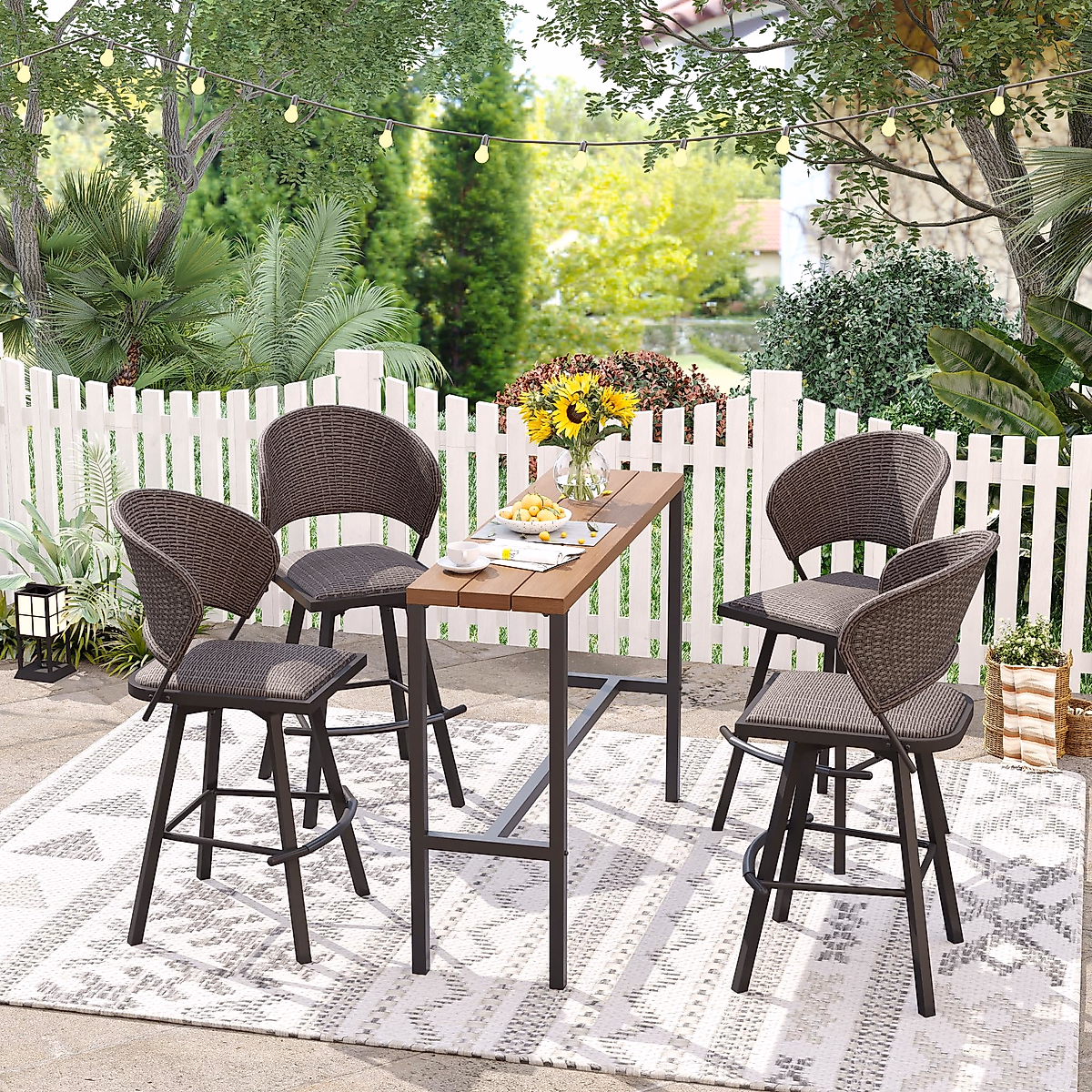 VICLLAX Outdoor 180-Degree Swivel Bar Stools Set of 2, Rattan Tall Patio Chair for Garden Pool Lawn Backyard, Brown