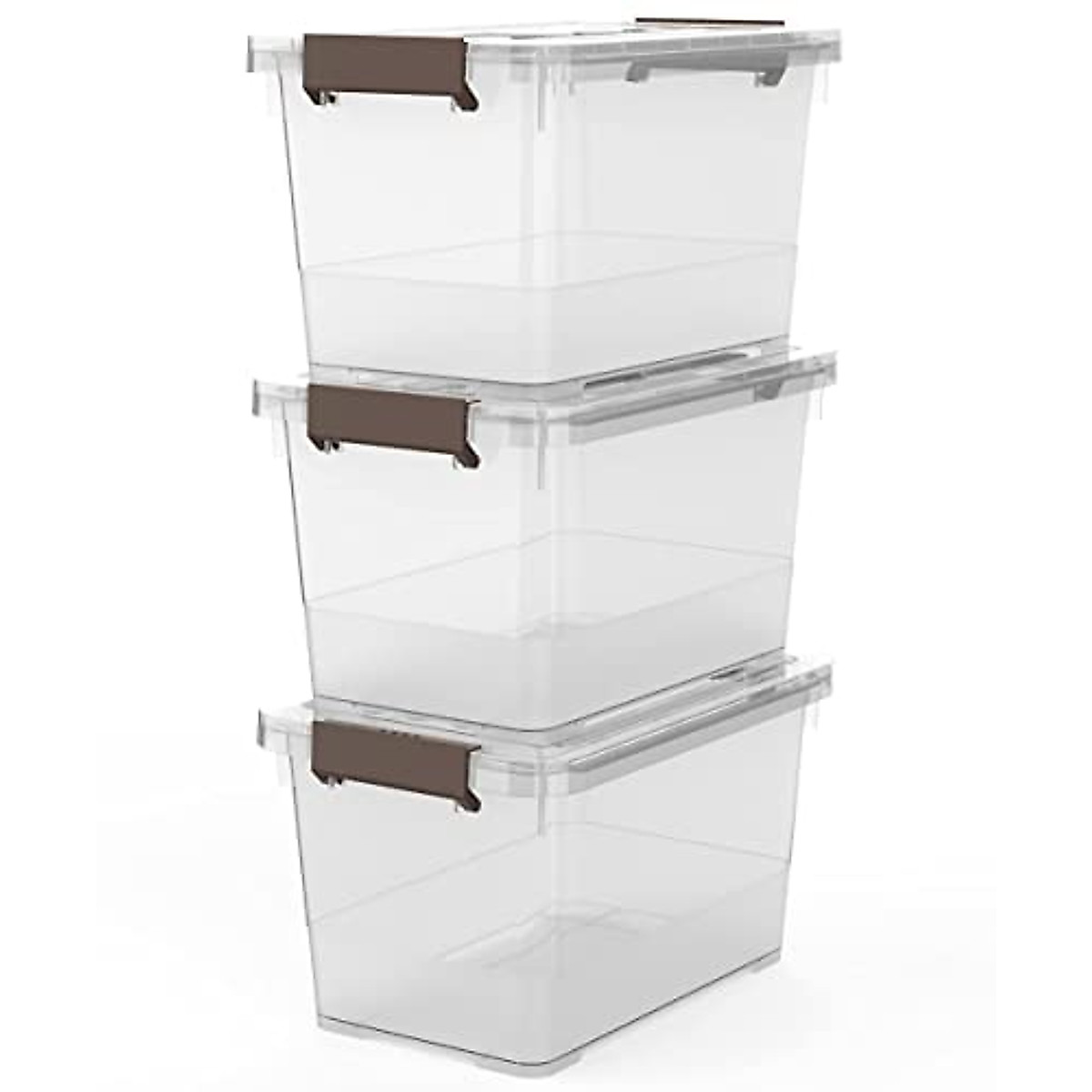 WYT 7-Quart Clear Plastic Storage Latch Box/Bins, 3-Pack Storage Organizer Box with Brown Latching Handle and Lid, 7-Litre