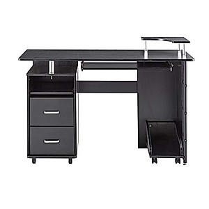 LXBB Home Office Computer Desk with Drawers and Pull-Out Keyboard Tray,Multi-Functions Desk with Pedestal,Study Writing Desk,Computer Workstation,Black