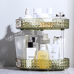 ROWNYEON Rotating Makeup Organizer 2 Tier Skincare Organizers with Handle Bathroom Organizer Perfume Organizer Spinning Cosmetics Organizer for Vanity，Cabinets, Pantry, Fridge, Countertops，Kitchen
