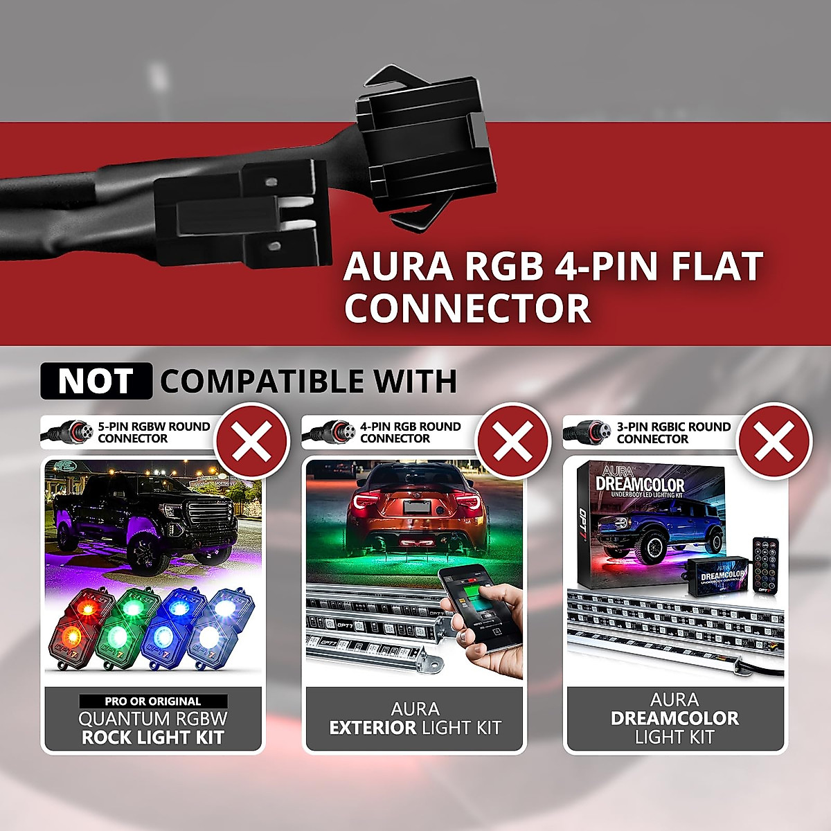 OPT7 Aura 2 PCS Splitter Y Cable with 4 Pin RGB Flat Connector for Motorcycle, Cruiser, Sportsbike, Golf Cart, ATV, UTV, Snowmobile, Boat, Car Interior Lights