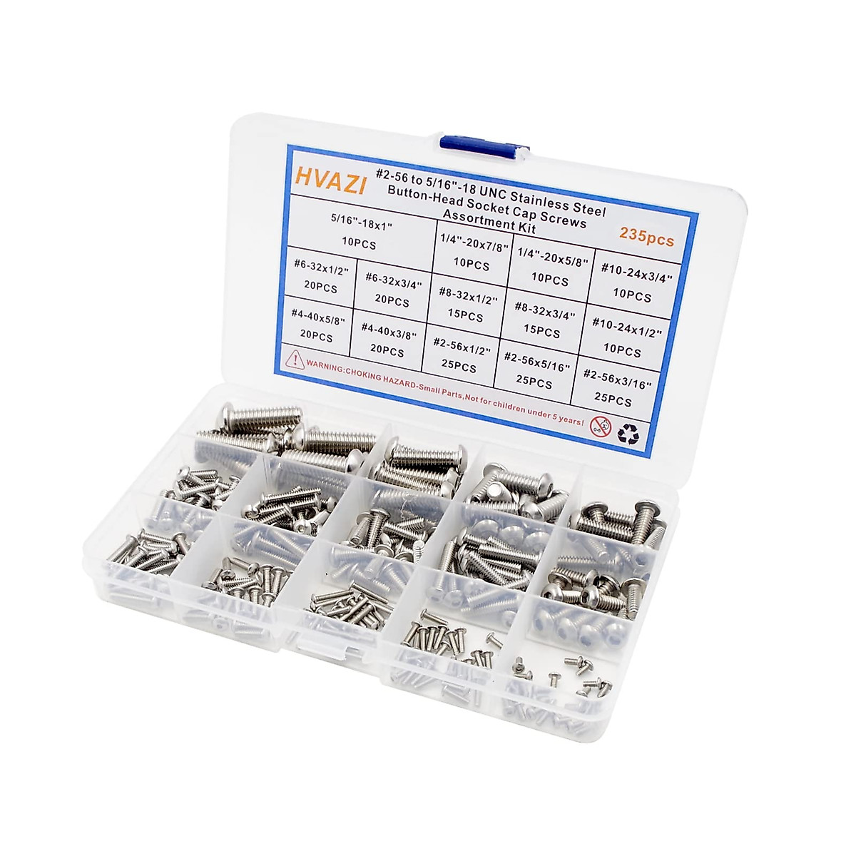 HVAZI #2-56 to 5/16"-18 UNC Stainless Steel Button-Head Socket Cap Screws Assortment Kit