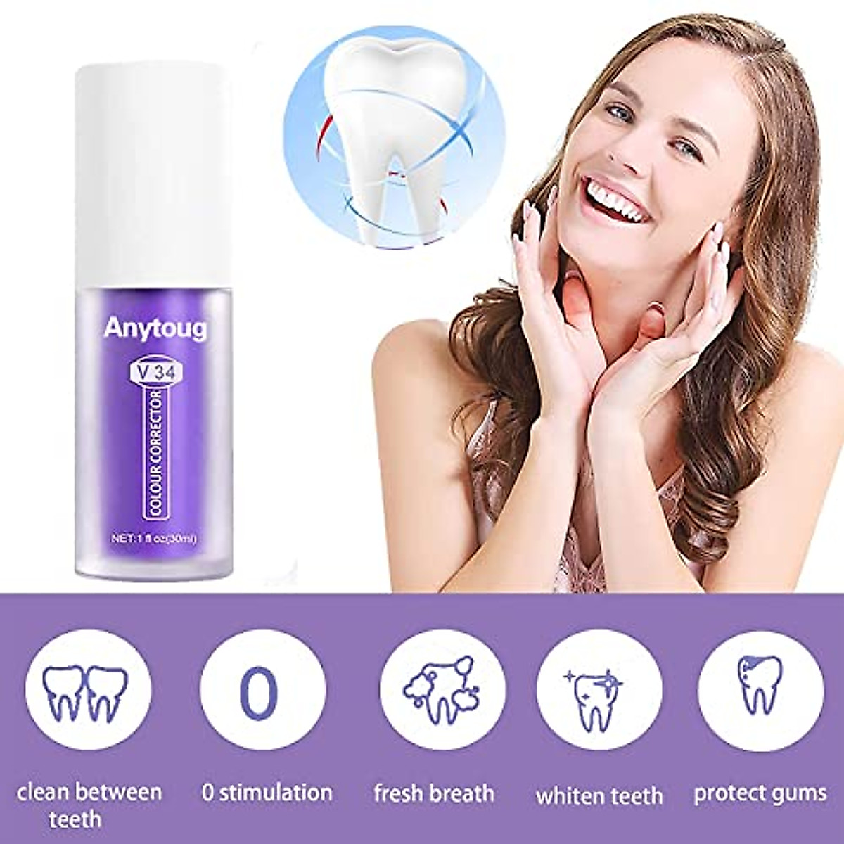 Whitening Toothpaste,Purple Toothpaste for Teeth Whitening,Colour Corrector Toothpaste,Toothpaste Whitening,V34 Toothpaste,Remove Stains,Improves Teeth Brightness and Reduce Yellowing