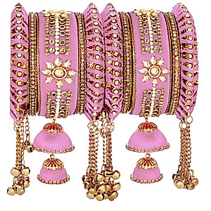 Aheli Wedding Party Designer Velvet Faux Stone Studded Bridal Bangle Set Chuda with Hangings Indian Traditional Ethnic Fashion Jewelry for Women Pink