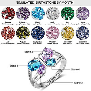 Ashleymade Personalized Engraved Name Rings for Mothers Day Rings with 4 Simulated Birthstones Promise Butterfly Ring for Women (Silver, 7)