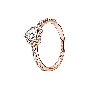 Pandora Sparkling Elevated Heart Ring - Rose Gold Ring for Women - Layering or Stackable Ring - Gift for Her - 14k Rose Gold-Plated Rose with Cubic Zirconia - Size 7.5