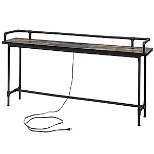 VECELO Narrow Console/Sofa Table with Power Outlet, Long Behind Couch Furniture for Entryway, Hallway, Living Room, Grey Oak