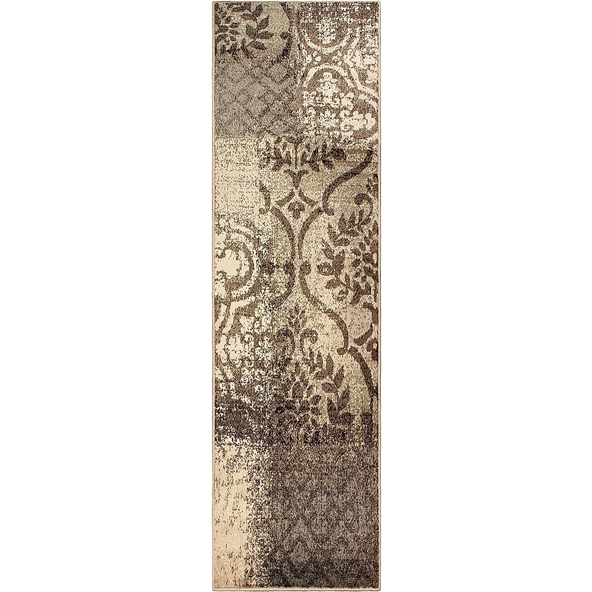 Superior Bristol Collection Area Rug, 8mm Pile Height with Jute Backing, Chic Geometric Damask Patchwork Design, Fashionable and Affordable Woven Rugs - 2'7" x 8' Runner, Beige & Brown