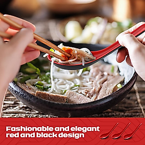 Hushee 200 Pieces Asian Soup Bulk Spoons 6.3 Inch Chinese Japanese Korean Style Spoon Serving Wonton Soba Rice Melamine Spoon with Hook for Pho Ramen Noodle Dumpling Dinner, Black and Red