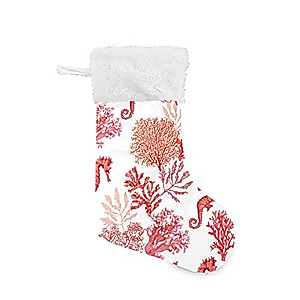 Kigai Christmas Stockings Coral Seahorse Large Candy Stockings Stuffers Kids Cute Xmas Sock Decorations 1PC for Home Holiday Party 12" x18"