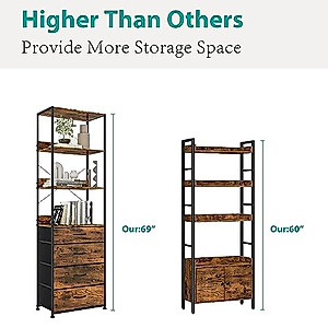 VASICAR 4-Tier Tall Bookshelf with 4 Drawers, Multifunctional Open Bookcase, Storage Shelf Dresser for Living Room, Office, Bedroom, Kitchen, Free Drawer Divider (Rustic Brown)