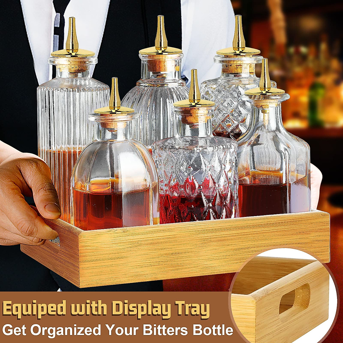 Bitters Bottle - Set of 6 Glass Dasher Bottles with Tray Barware Set for Home Bar Bartender