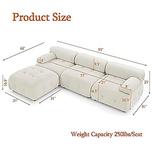Tmsan Modular Sectional Sofa, 93" Velvet Sectional Couches for Living Room, Modern L-Shaped Sofa Deep Seat Cloud Couch DIY Combination Reversible Chaise for Bedroom Apartment Office (Beige Velvet)