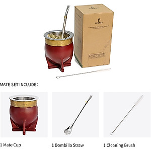 304 Stainless Steel Argentina Yerba Mate Cup With Straw Tea Gourd Mug One Bombilla Mate (Straw) a Cleaning Brush (Brown)