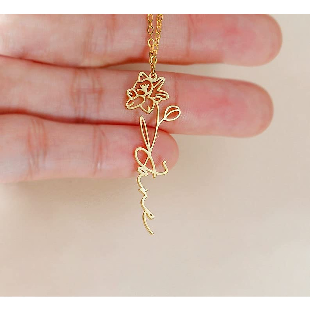 Jecivila Birth Flower Name Necklace Personalized, 18K Gold Plated Custom Name Birth Month Flower Necklace, Customized Floral Jewelry for Women Girlfriend Wife