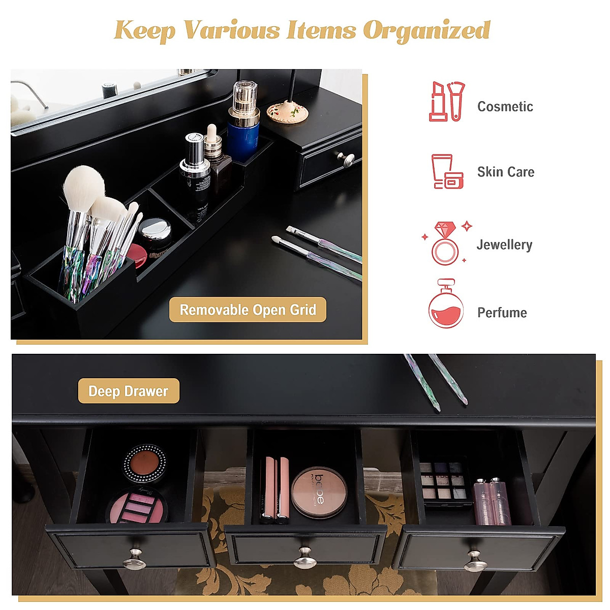 COSTWAY Vanity Desk Set with Mirror, Vanity Desk and Cushioned Stool Set with 5 Storage Drawers, Makeup Dressing Table for Bedroom Women Girls (Black)