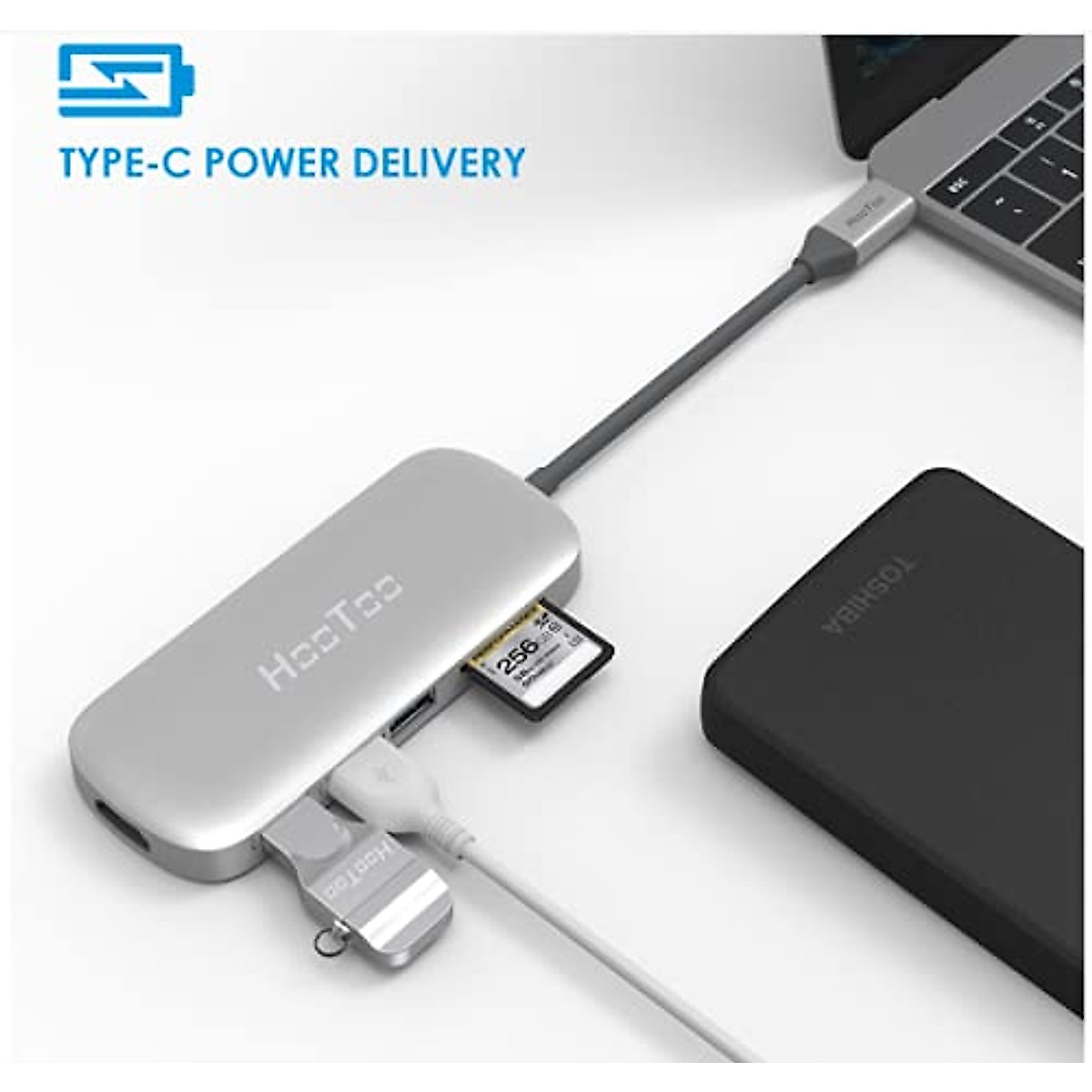 HooToo USB C Hub, 6-in-1 USB C Adapter with 4K USB C to HDMI, 3 USB 3.0 Ports, SD Card Reader, Pd Charging Port for MacBook/Pro/Air (2018), Chromebook, and More USB C Devices (Grey), silver