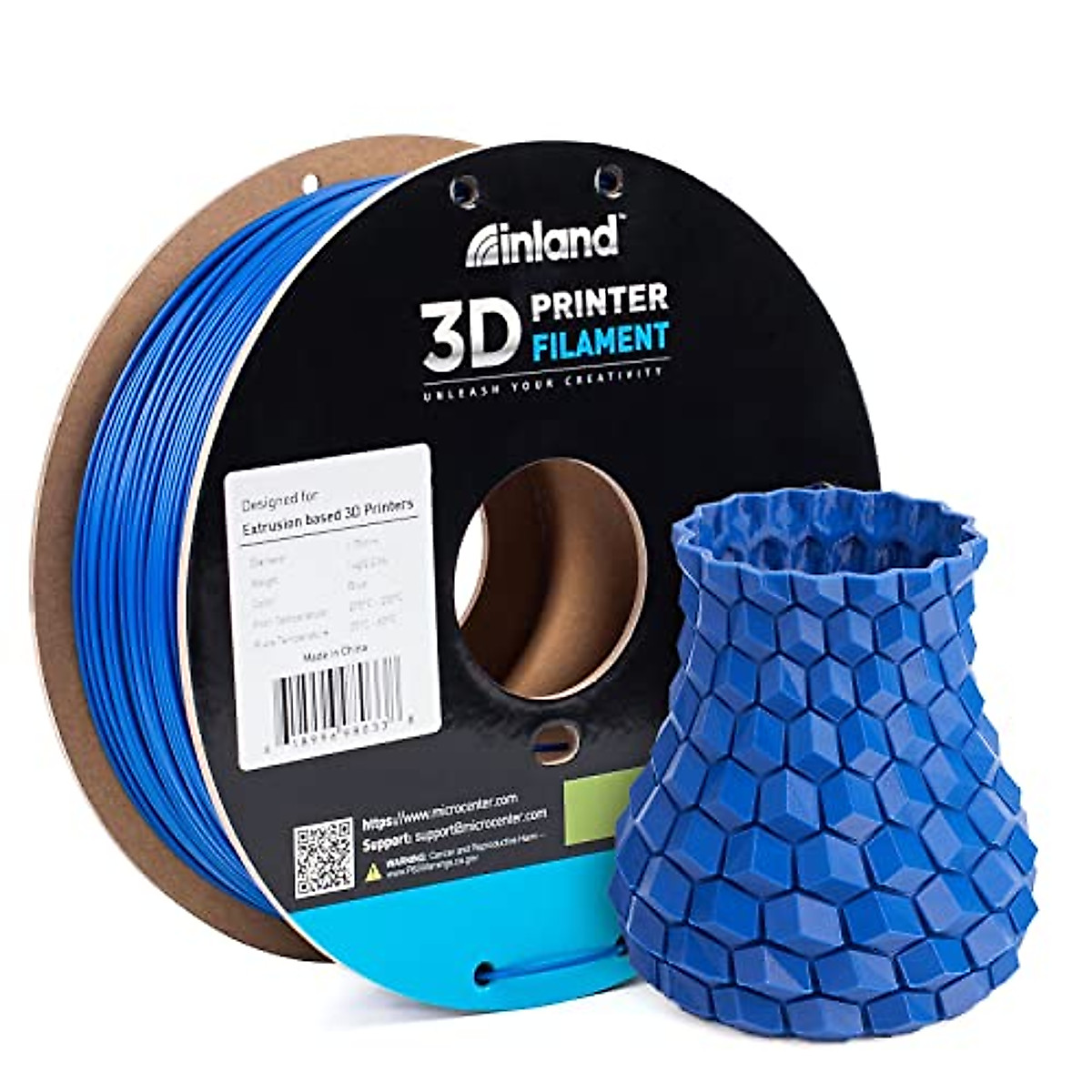 Inland PLA 3D Printer Filament 1.75mm - Dimensional Accuracy +/- 0.03mm - 1kg Cardboard Spool (2.2 lbs) – Fits Most FDM/FFF Printers – Odor Free, Clog Free Filaments - Blue