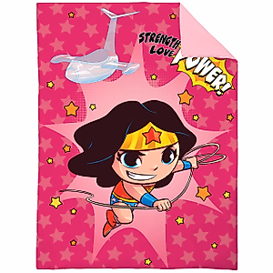 Wonder Woman Pink, Gold, Red & Blue 4Piece Toddler Bed Set - Comforter, Flat Top Sheet, Fitted Bottom Sheet, Reversible Standrd Size Pillowcase, Bright Pink, Light Pink, Gold, Red