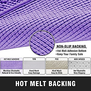 TECHMILLY Soft Fluffy Chenille Bathroom Rugs, Non Slip Absorbent Bath Mats for Bathroom, Washable and Quick Dry, Purple, 17" x 24"