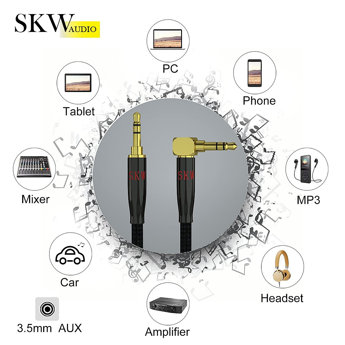 SKW Aux Cable for Car(Hi-Fi Sound),3.5 mm to 3.5 mm Stereo Audio Cable, 1/8″ Jack Cord, Headphone Cable for Home Stereo,iPhone,iPod,IPad,Echo Dot,Sony & More (Right Angle,10ft/3M)