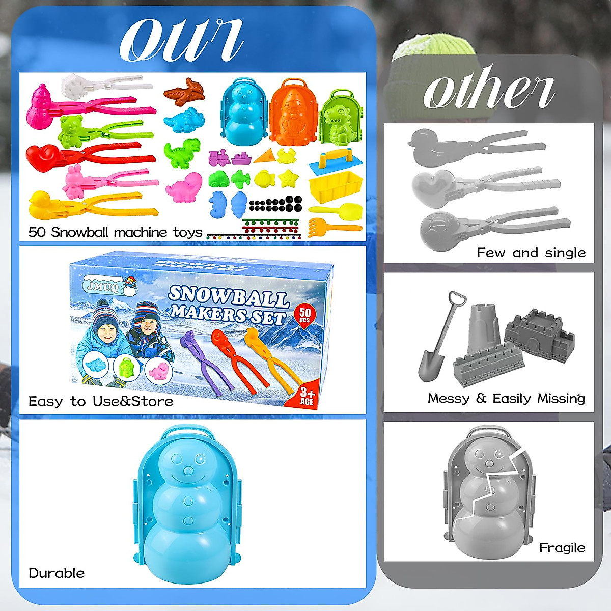 JMUQ 50pcs Snowball Maker Snow Toys for Outdoor Winter Fun Includes Heart Shaped Rabbit and Duck Snowball Makers,Gnome and Dinosaur Snow Molds and a Snowman Decorating Kit for Toddlers and Adults